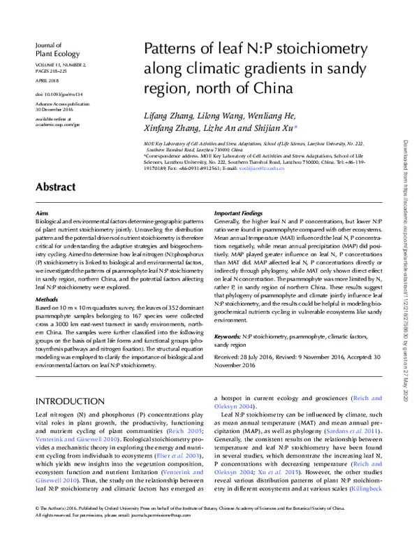 (PDF) Patterns of Leaf N:P Stoichiometry along Climatic Gradients in Sandy Region, North of China