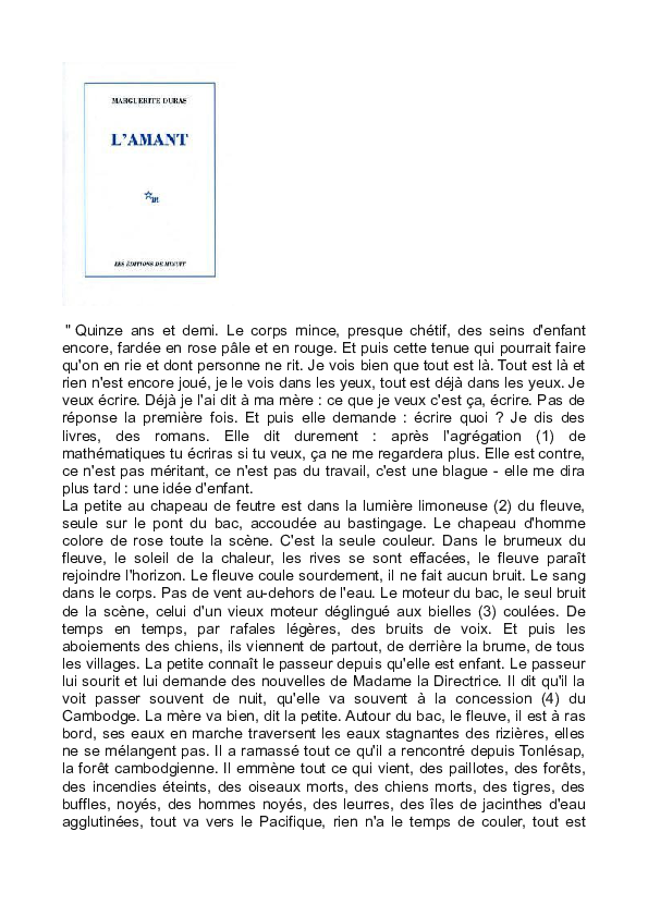 (PDF) L'Amant de Marguerite Duras (Explication et commentaire d'un passage)