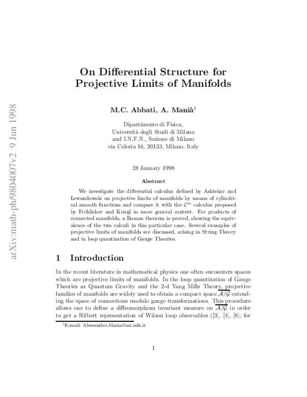 (PDF) On differential structure for projective limits of manifolds