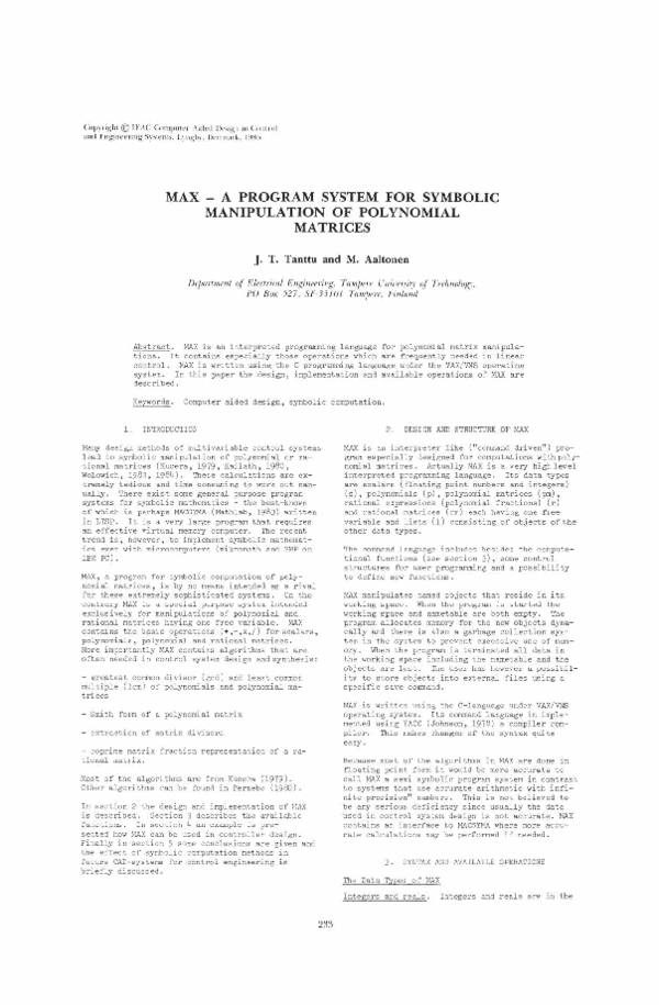 (PDF) Max – a Program System for Symbolic Manipulation of Polynomial Matrices