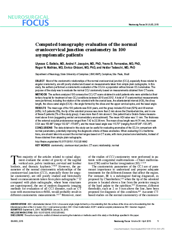 (PDF) Computed tomography evaluation of the normal craniocervical junction craniometry in 100 ...