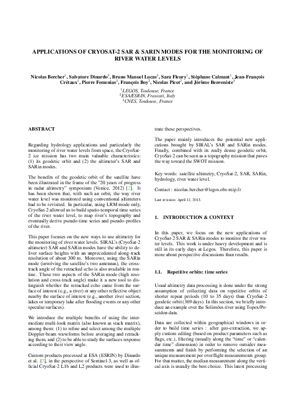 (PDF) Applications of CRYOSAT-2 Sar & Sarin Modes for the Monitoring of River Water Levels