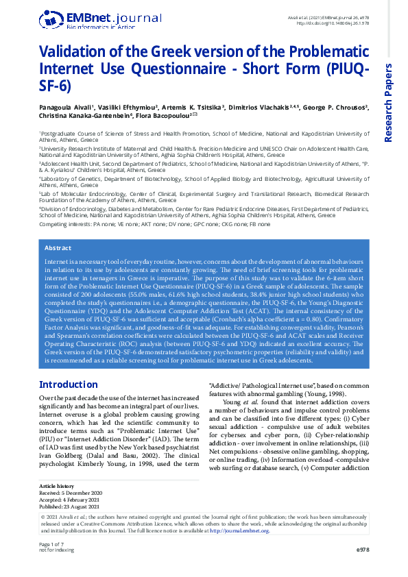 (PDF) Validation of the Greek version of the Problematic Internet Use Questionnaire - Short Form ...