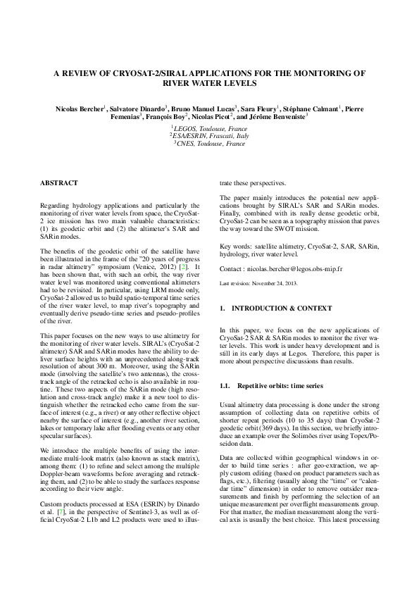 (PDF) A Review Of CryoSat-2/SIRAL Applications For The Monitoring Of River Water Levels