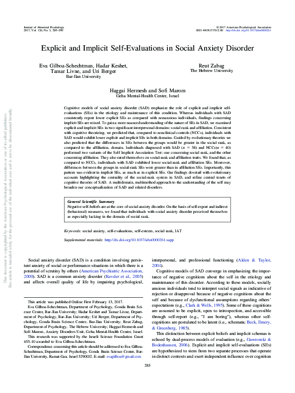 (PDF) Explicit and implicit self-evaluations in social anxiety disorder