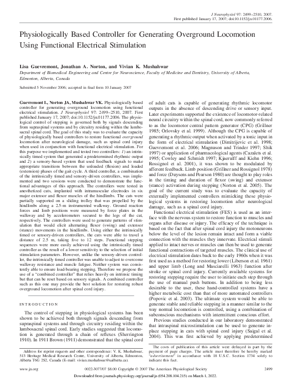 Pdf Physiologically Based Controller For Generating Overground Locomotion Using Functional