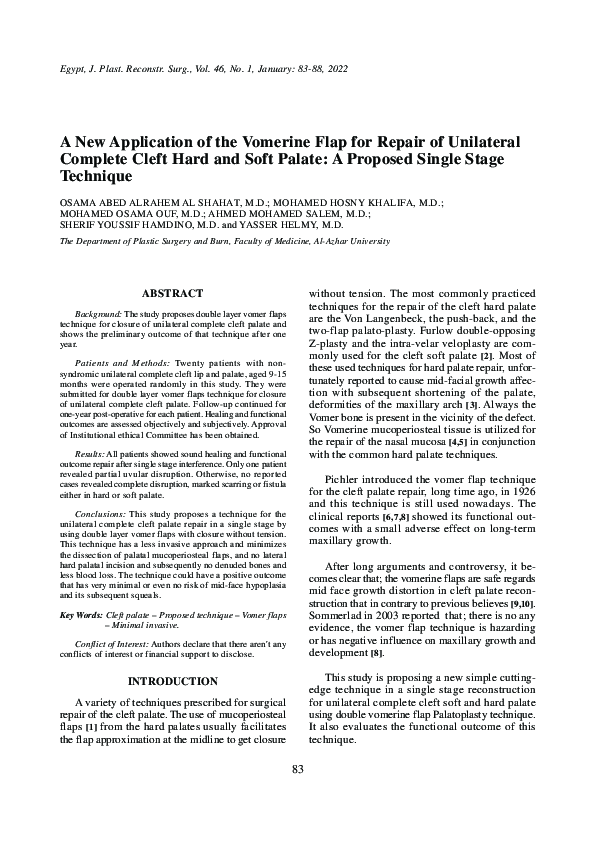 (PDF) A New Application of the Vomerine Flap for Repair of Unilateral ...