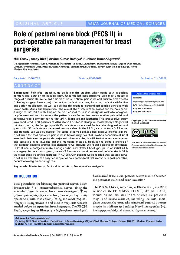(PDF) Role of pectoral nerve block (PECS II) in post-operative pain ...