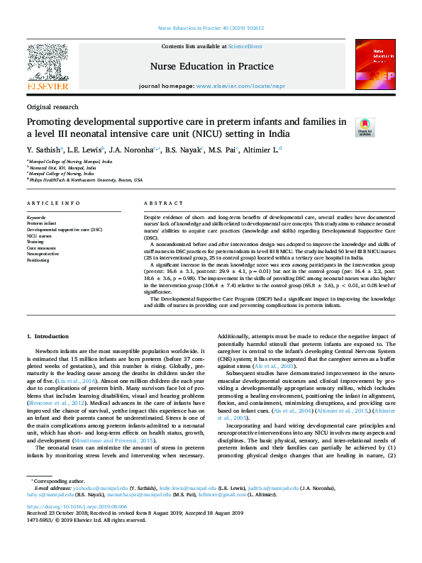 (PDF) Promoting developmental supportive care in preterm infants and ...
