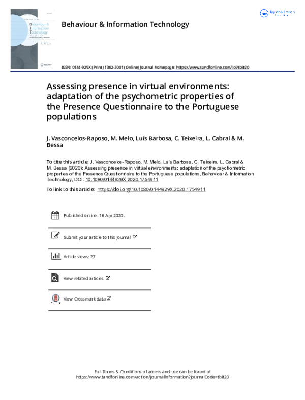 (PDF) Assessing presence in virtual environments: adaptation of the psychometric properties of ...