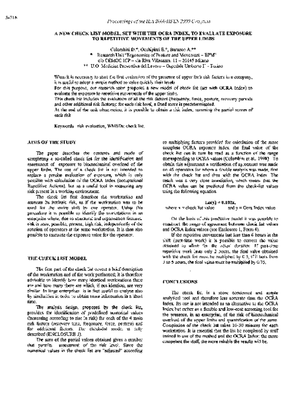 (PDF) A New Check List Model, Set with the Ocra Index, to Evaluate ...