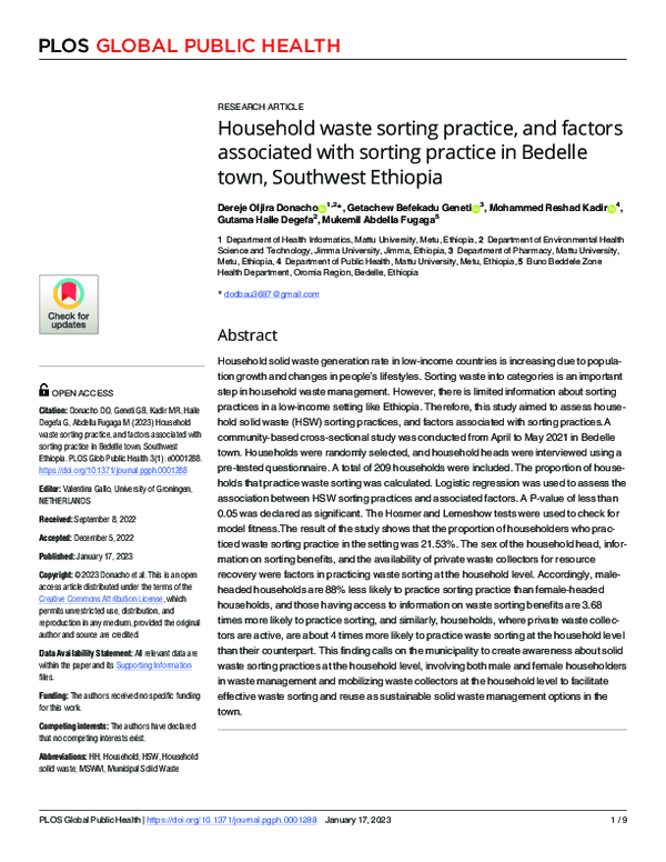 (PDF) Household waste sorting practice, and factors associated with sorting practice in Bedelle ...