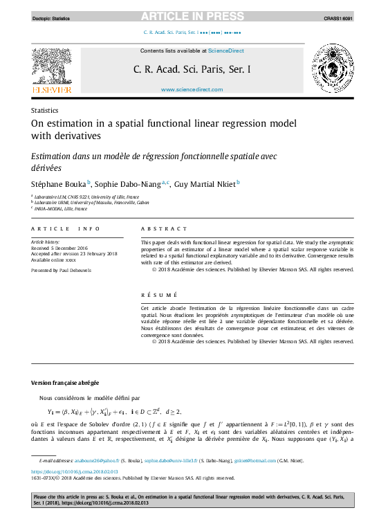 (PDF) Statistics On estimation in a spatial functional linear regression model with derivatives ...