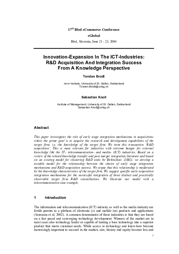 (PDF) Innovation-expansion in the ict-industries: R&d acquisition and ...