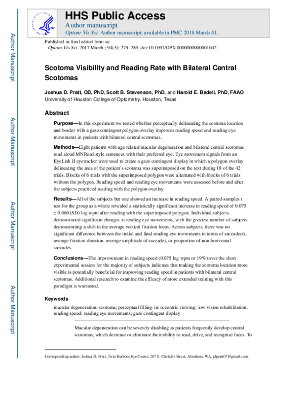 (PDF) Scotoma Visibility and Reading Rate with Bilateral Central Scotomas