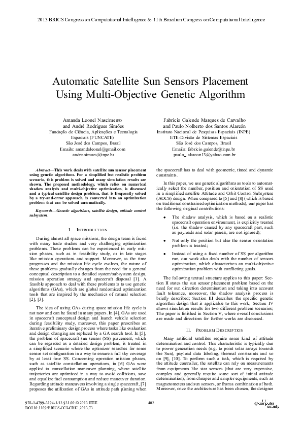 (PDF) Automatic Satellite Sun Sensors Placement Using Multi-objective Genetic Algorithm