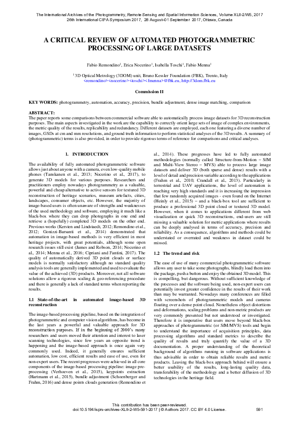 (PDF) A Critical Review of Automated Photogrammetric Processing of Large Datasets