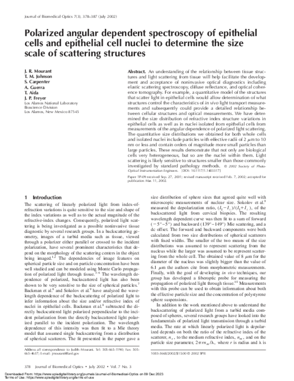(PDF) Polarized angular dependent spectroscopy of epithelial cells and epithelial cell nuclei to ...