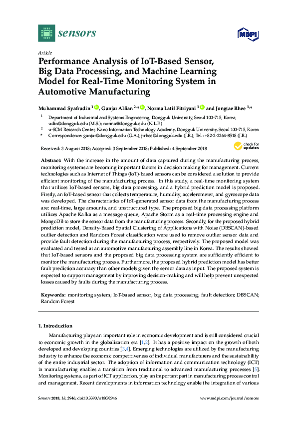 Pdf Performance Analysis Of Iot Based Sensor Big Data Processing And Machine Learning Model