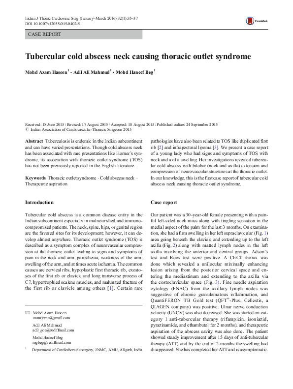 (PDF) Tubercular cold abscess neck causing thoracic outlet syndrome