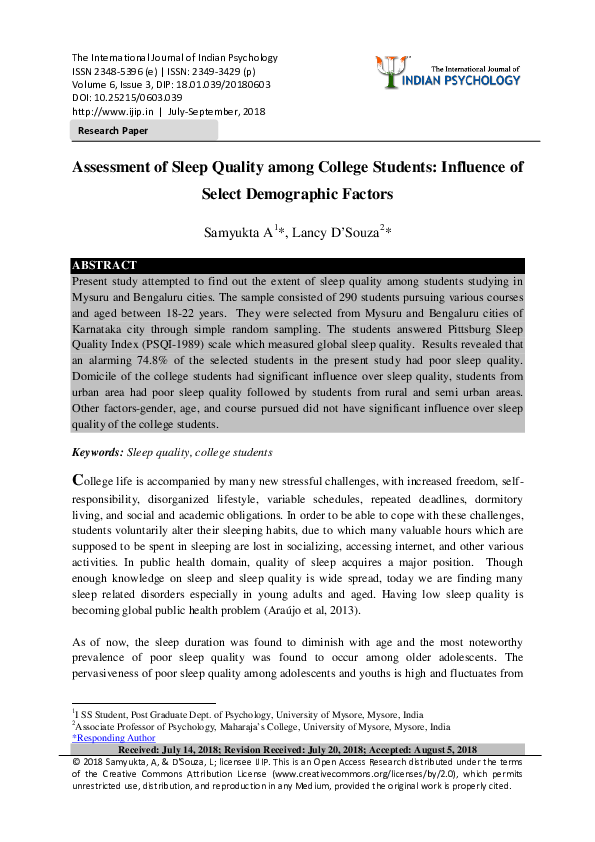 (PDF) Assessment of Sleep Quality among College Students: Influence of Select Demographic Factors