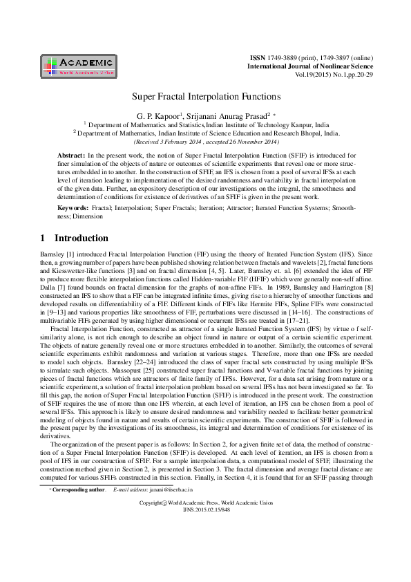 (PDF) Super Fractal Interpolation Functions | Srijanani Anurag Prasad - Academia.edu