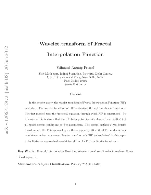 Pdf Wavelet Transform Of Fractal Interpolation Function