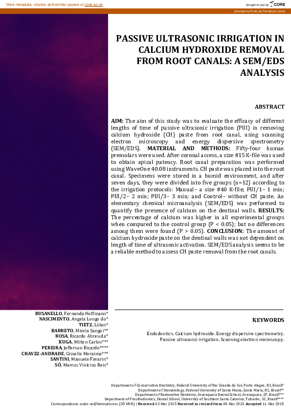(PDF) Passive ultrasonic irrigation in calcium hydroxide removal from root canals: a sem/eds ...