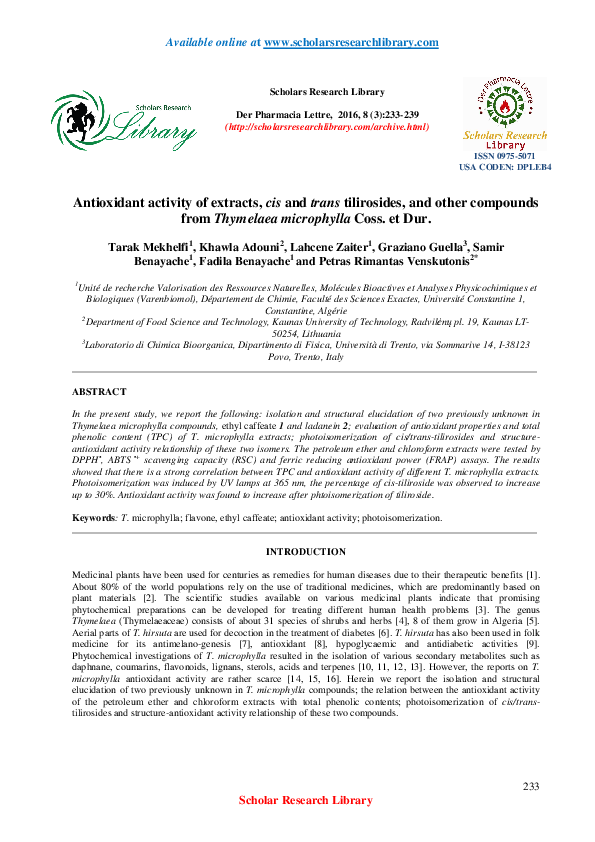 (PDF) Antioxidant activity of extracts, cis and trans tilirosides, and ...
