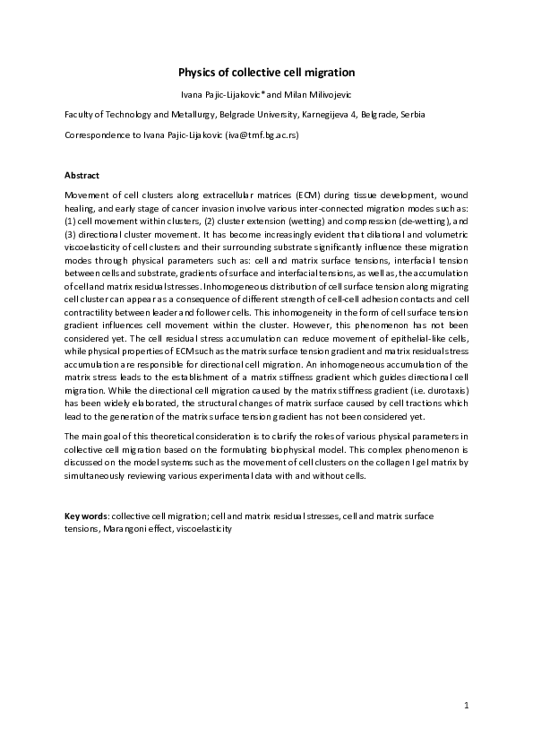 (PDF) Physics of collective cell migration