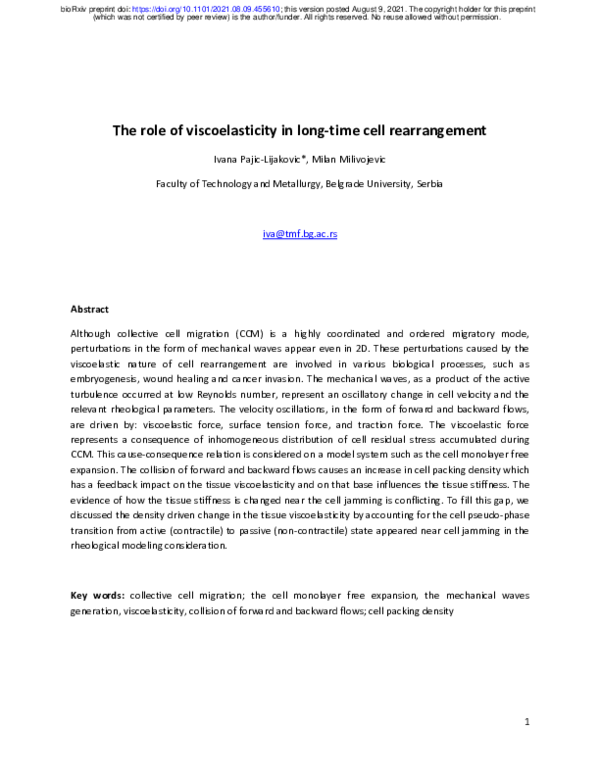 Pdf The Role Of Viscoelasticity In Long Time Cell Rearrangement