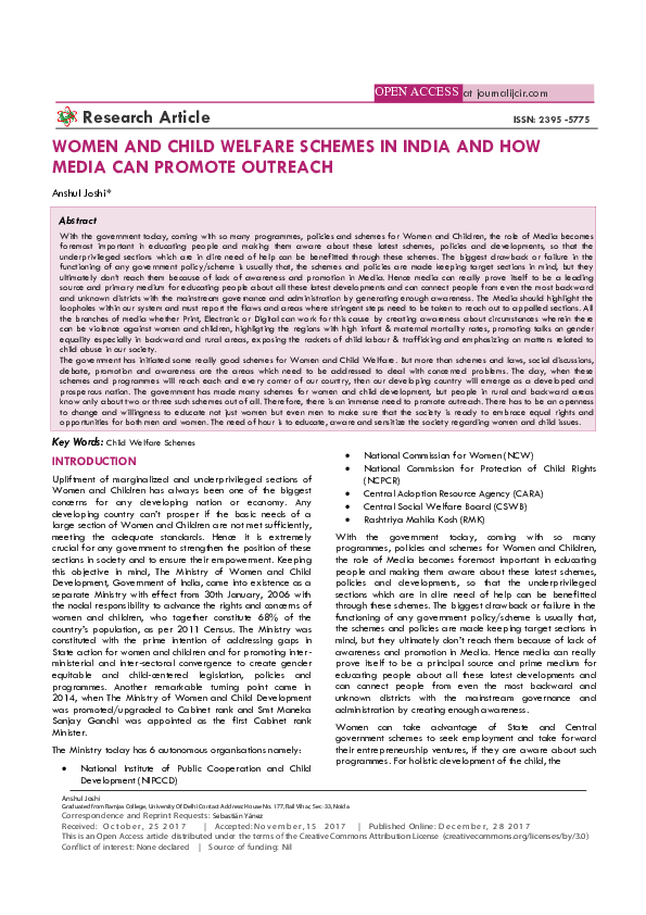 (PDF) Women and Child Welfare Schemes in India and How Media Can ...