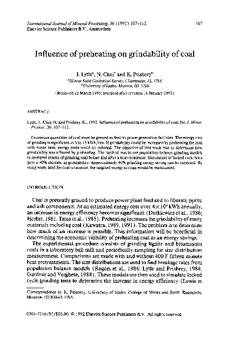 (PDF) Influence of preheating on grindability of coal