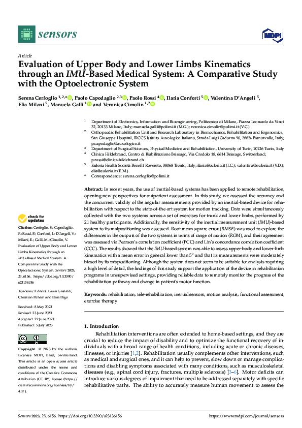 Pdf Evaluation Of Upper Body And Lower Limbs Kinematics Through An Imu Based Medical System A