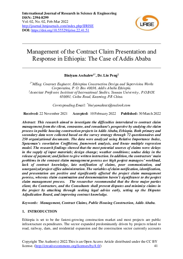 (PDF) Management of the Contract Claims Presentation and Response in Ethiopia: The Case of Addis ...