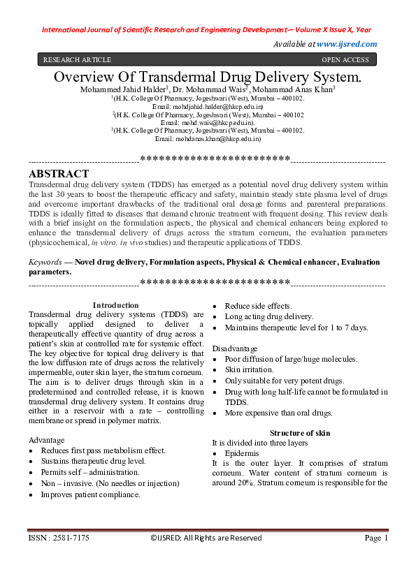 (PDF) Overview Of Transdermal Drug Delivery System