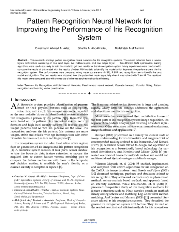 (PDF) Pattern Recognition Neural Network for Improving the Performance of Iris Recognition System