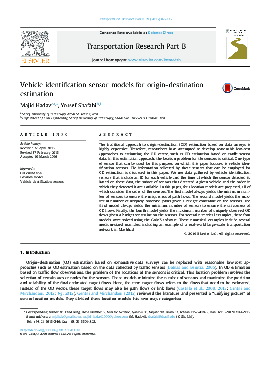 (PDF) Vehicle identification sensor models for origin–destination estimation