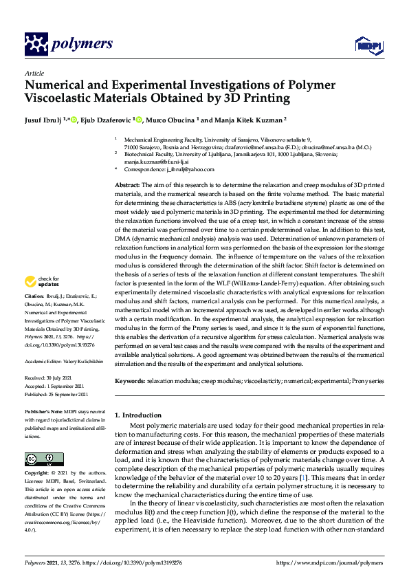 (PDF) Numerical and Experimental Investigations of Polymer Viscoelastic Materials Obtained by 3D ...