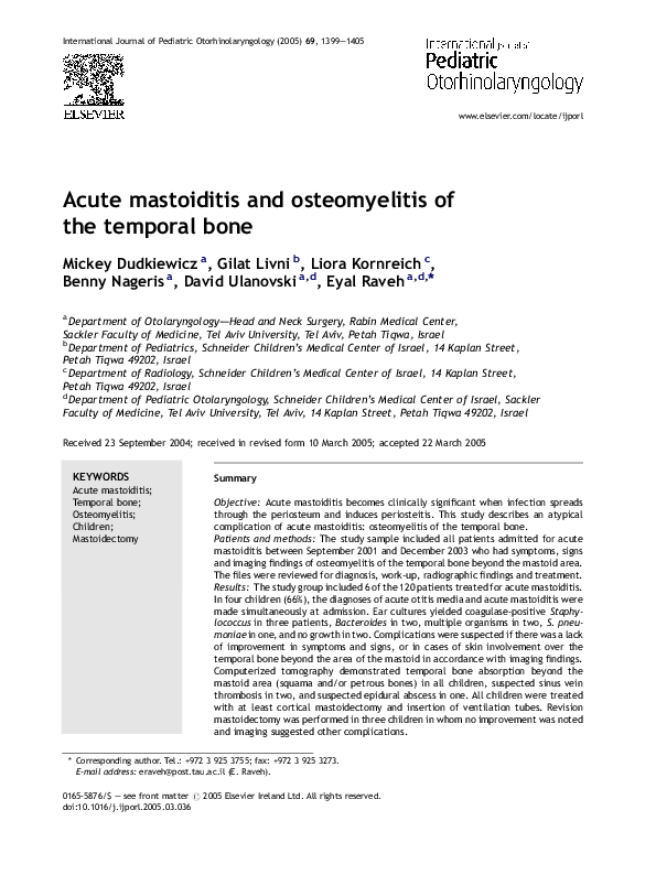 (PDF) Acute mastoiditis and osteomyelitis of the temporal bone | Benny Nageris - Academia.edu