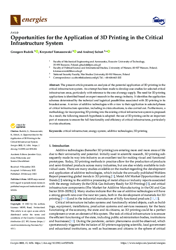 (PDF) Opportunities for the Application of 3D Printing in the Critical ...
