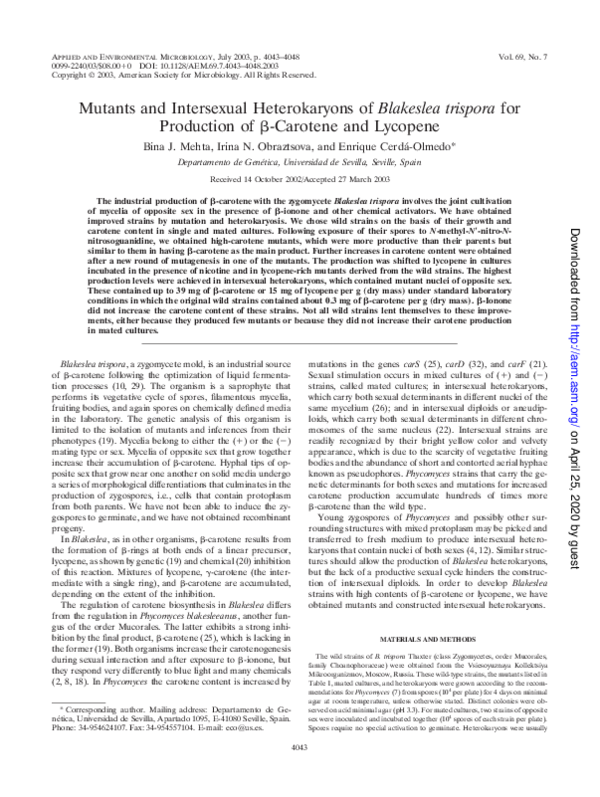 (PDF) Mutants and Intersexual Heterokaryons of Blakeslea trispora for ...