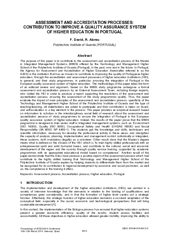 (PDF) Assessment and Accreditation Processes: Contribution to Improve a Quality Assurance System ...