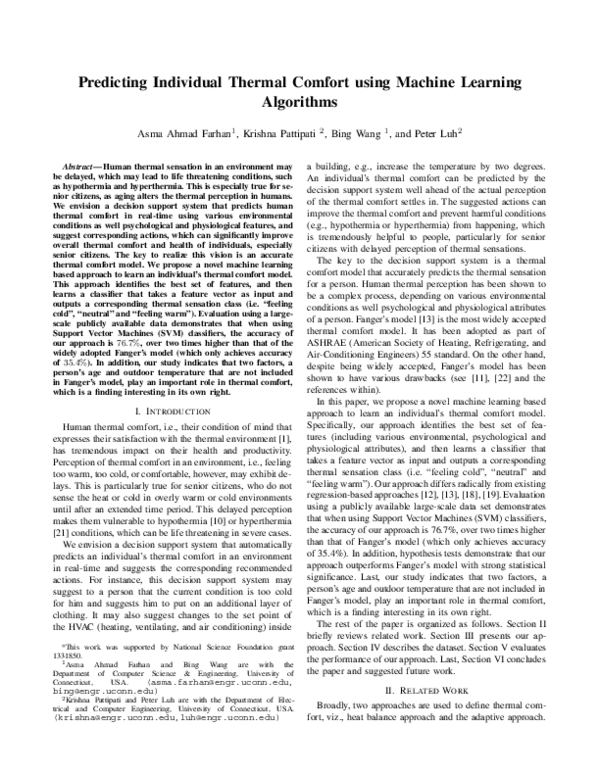 (PDF) Predicting individual thermal comfort using machine learning algorithms