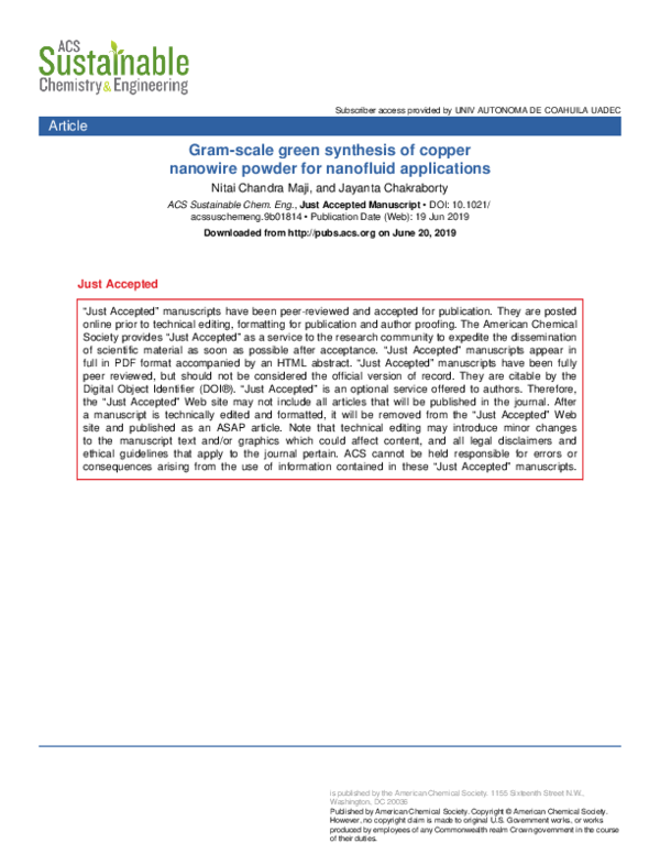 (PDF) Gram-Scale Green Synthesis of Copper Nanowire Powder for ...
