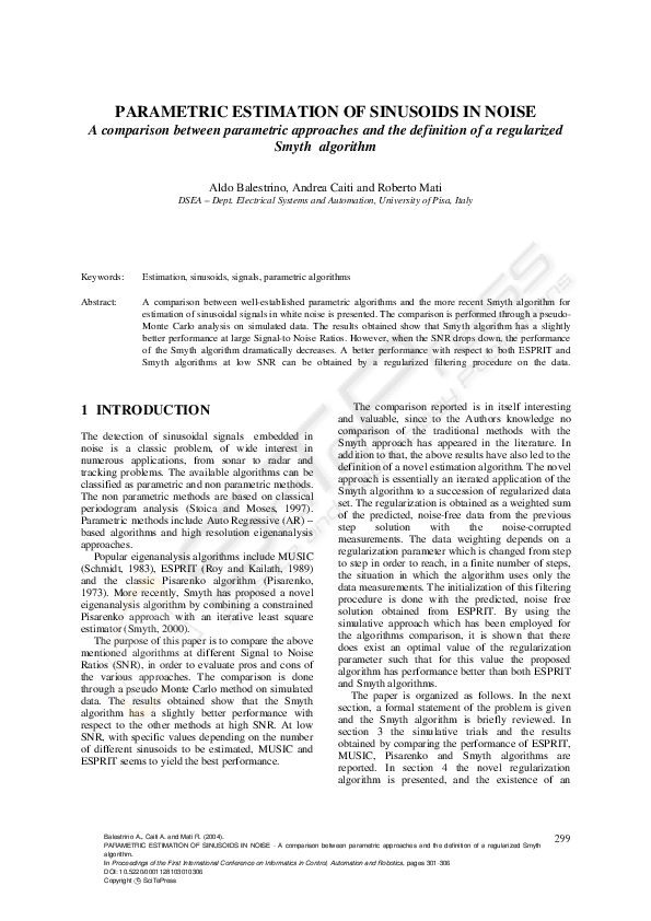 (PDF) PARAMETRIC ESTIMATION OF SINUSOIDS IN NOISE - A comparison between parametric approaches ...