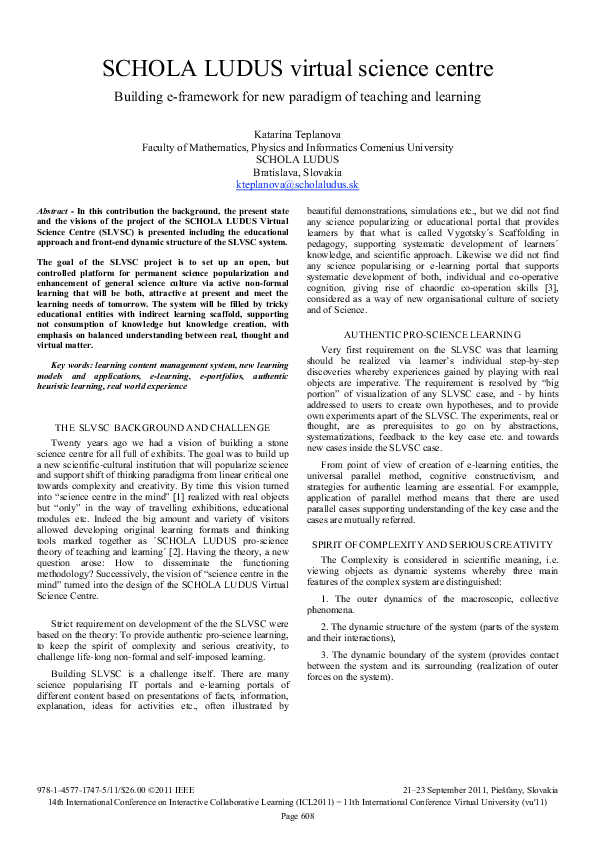 (PDF) SCHOLA LUDUS virtual science centre Building e-framework for new paradigm of teaching and ...