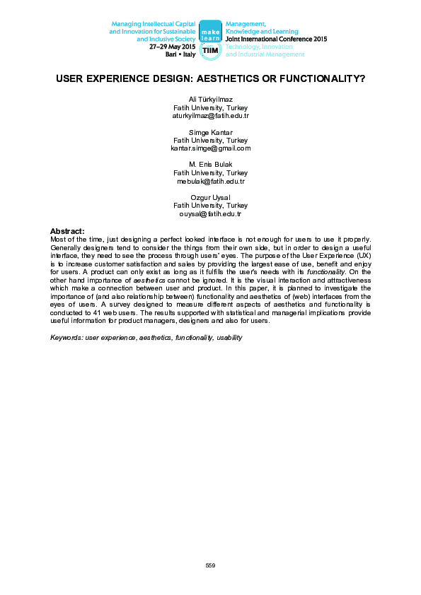 (PDF) User Experience Design: Aesthetics or Functionality?