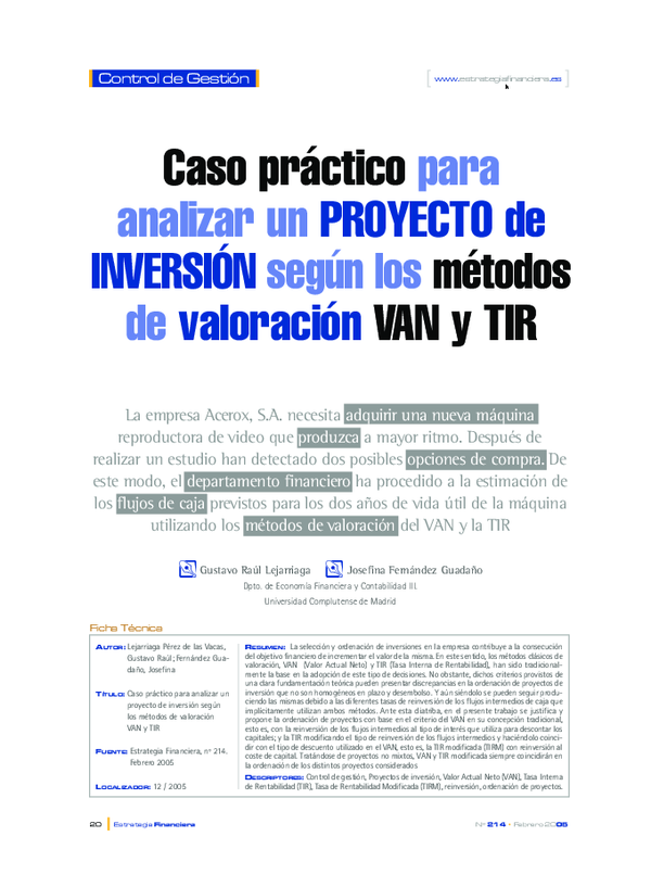 (PDF) Caso práctico para analizar un proyecto de inversión según los ...