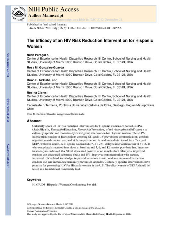 (PDF) The Efficacy of an HIV Risk Reduction Intervention for Hispanic Women